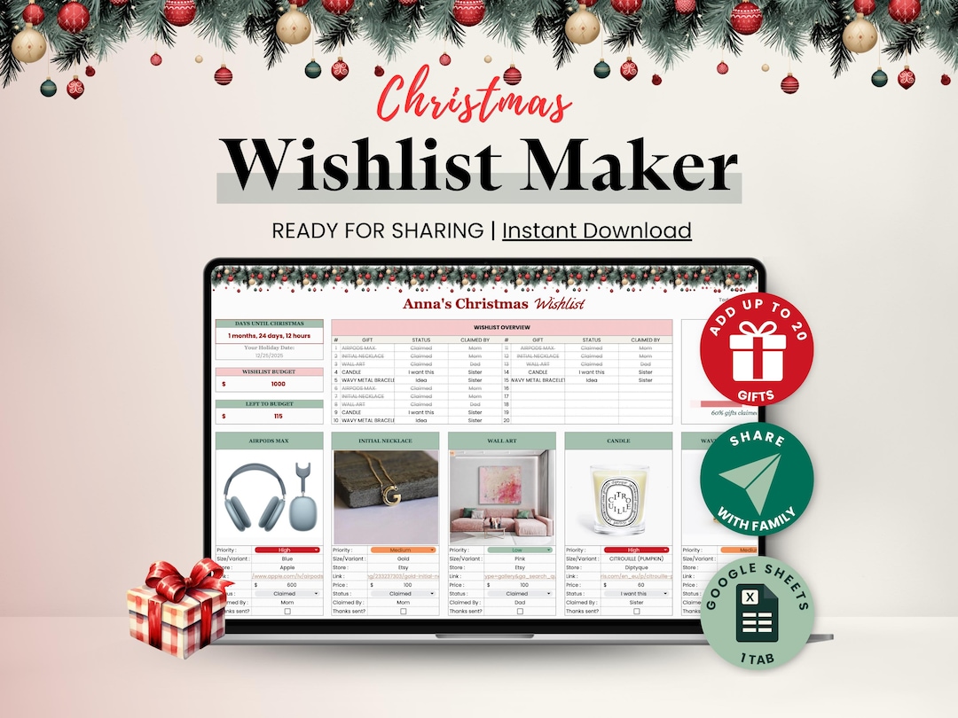 Christmas Wishlist Maker, Christmas Wishlist Template in Google Sheets ...