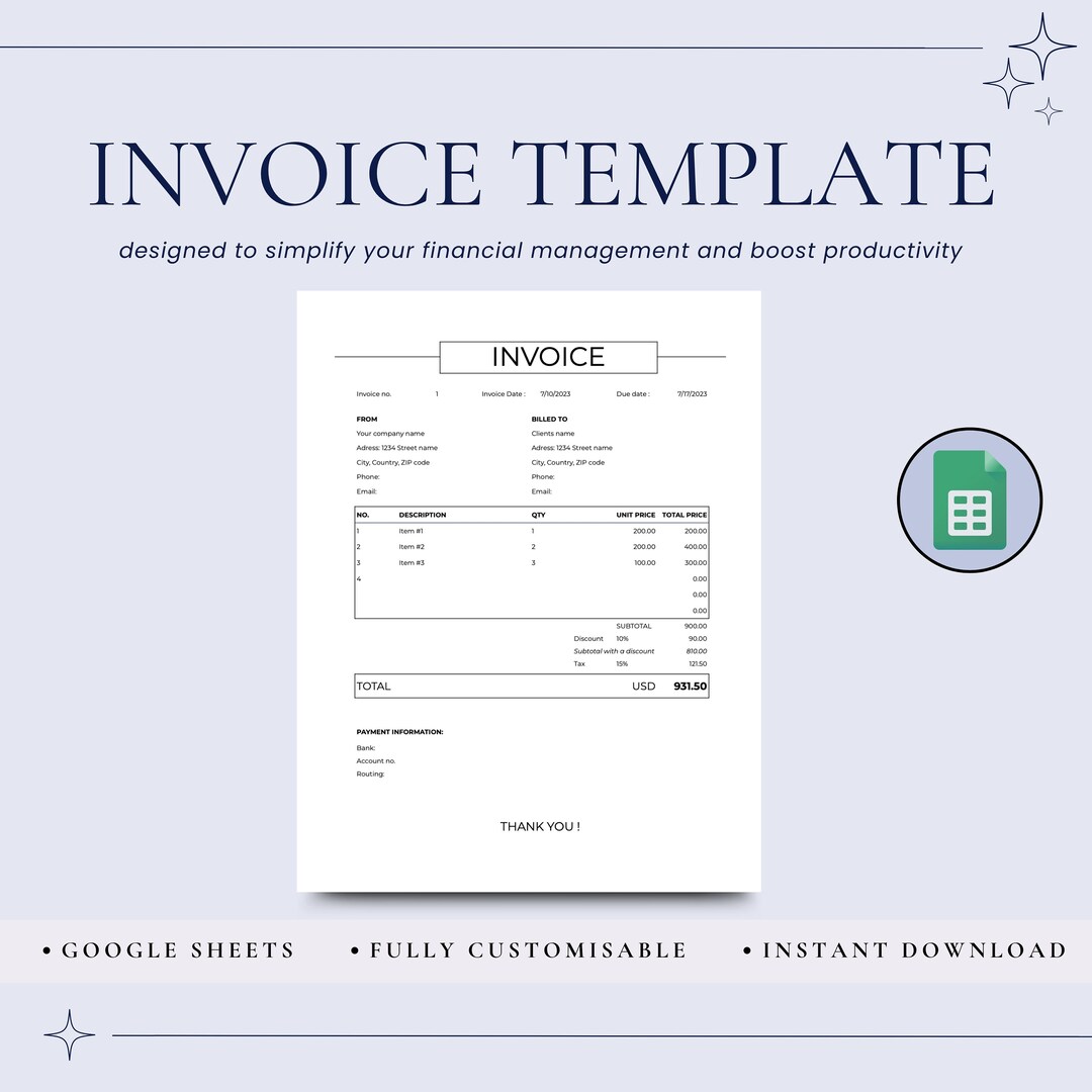 Invoice Template for Google Spreadsheets, Fully Customisable Fields ...