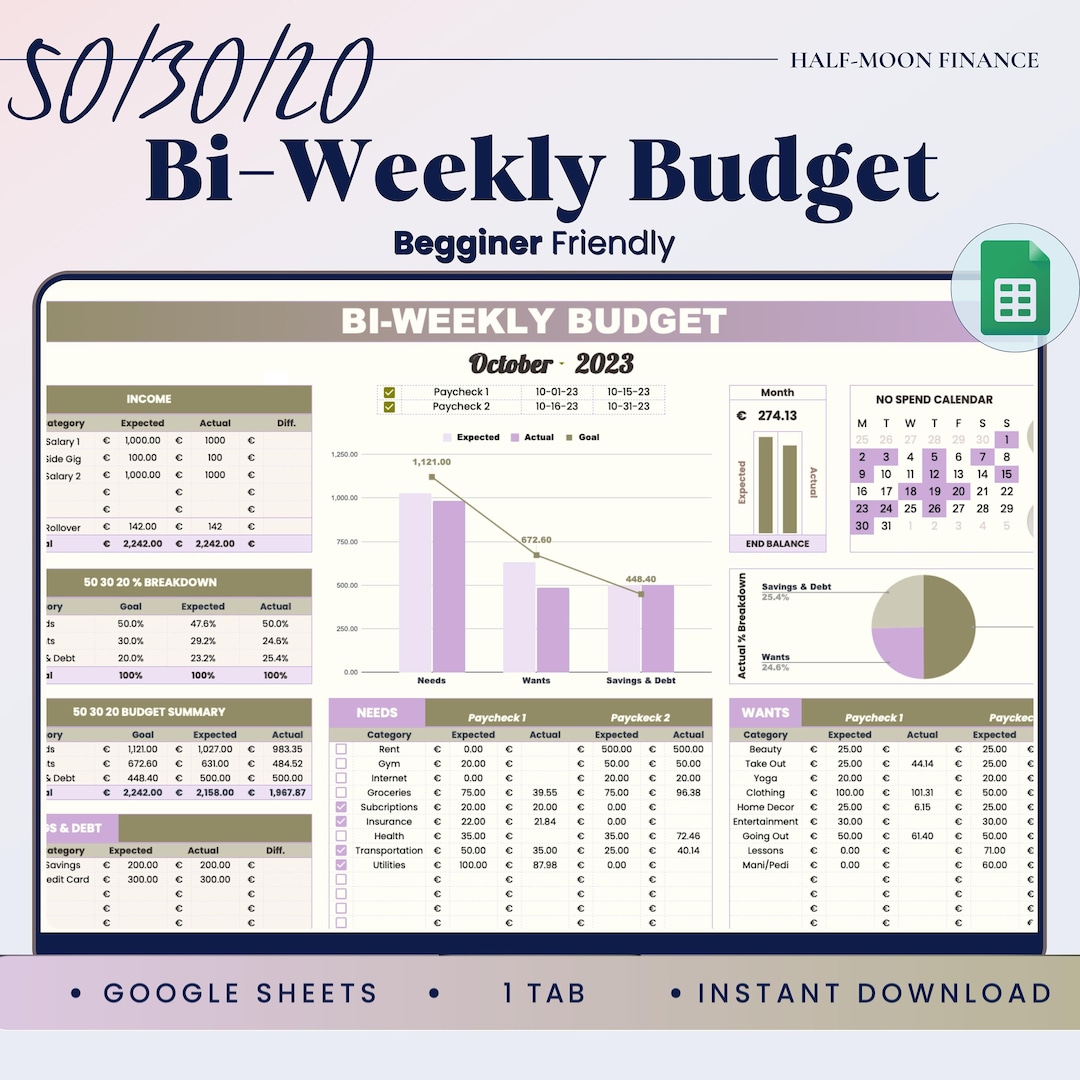 Biweekly Budget Spreadsheet Template, 50 30 20 Budget Spreadsheet ...
