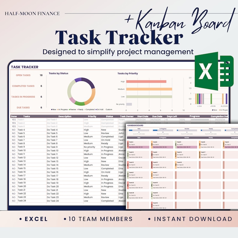 Excel Task Tracker With Kanban Board Template, Team Project Management ...