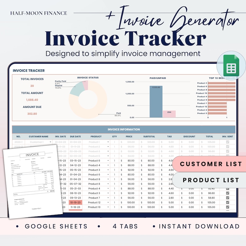 Invoice Generator, Invoice Tracker Google Sheets, Invoice Templete Spreadsheet, Payment Tracker ...