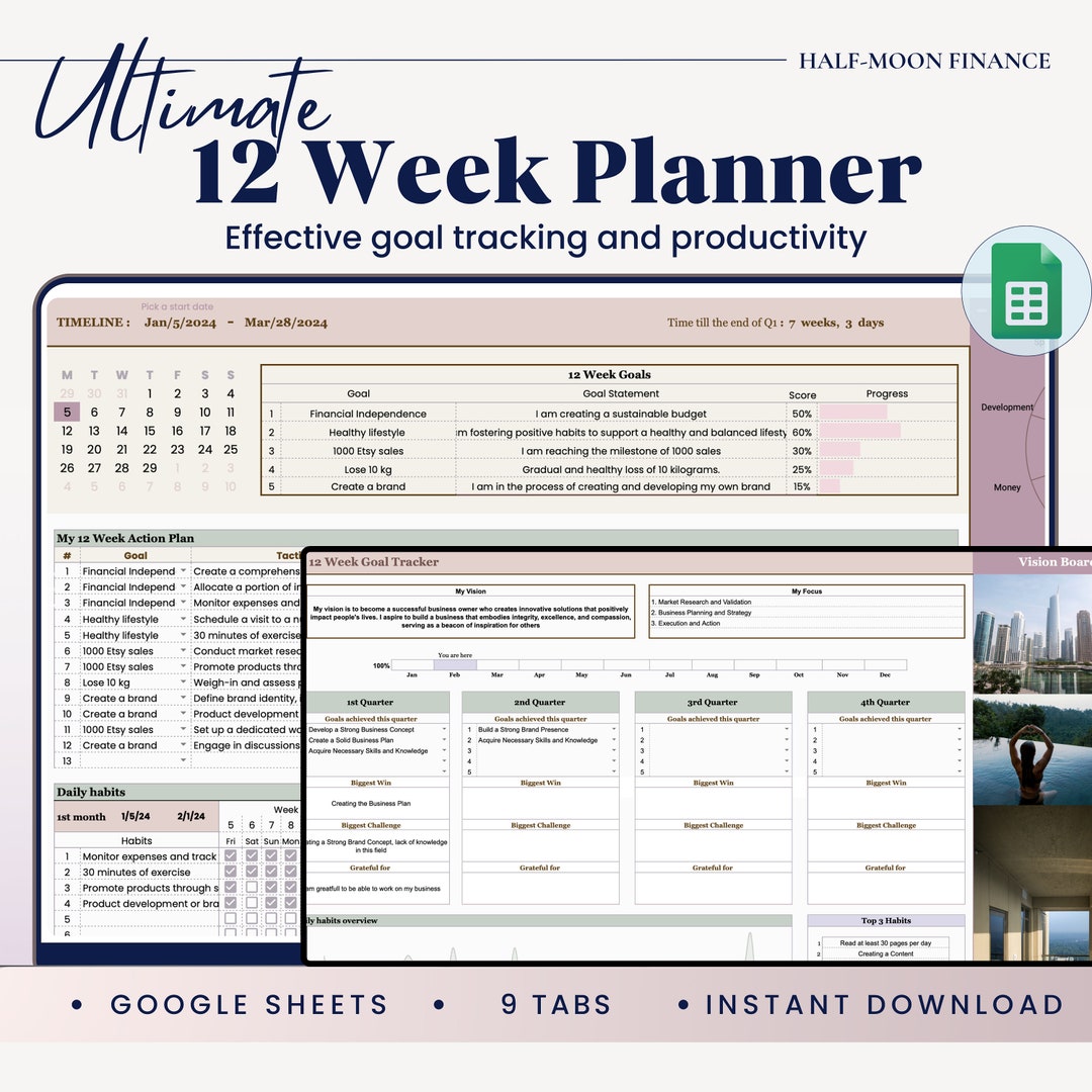 12 Week Planner in Google Sheets, Quarterly Planner, Goal Tracker ...