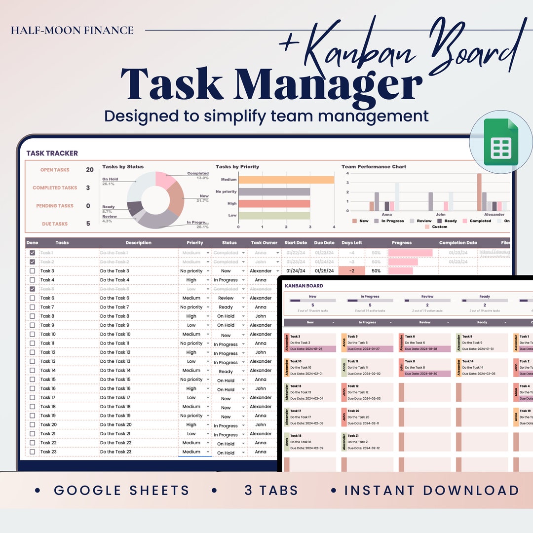 Task Tracker With Kanban Board Google Sheets Template, Team Project ...