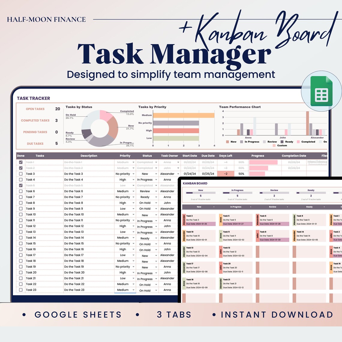 Task Tracker With Kanban Board Google Sheets Template, Team Project ...