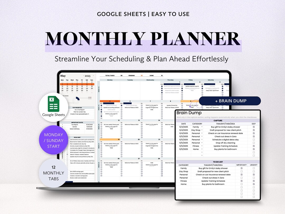 Digital Monthly Calendar Planner in Google Sheets, Editable Checklist ...