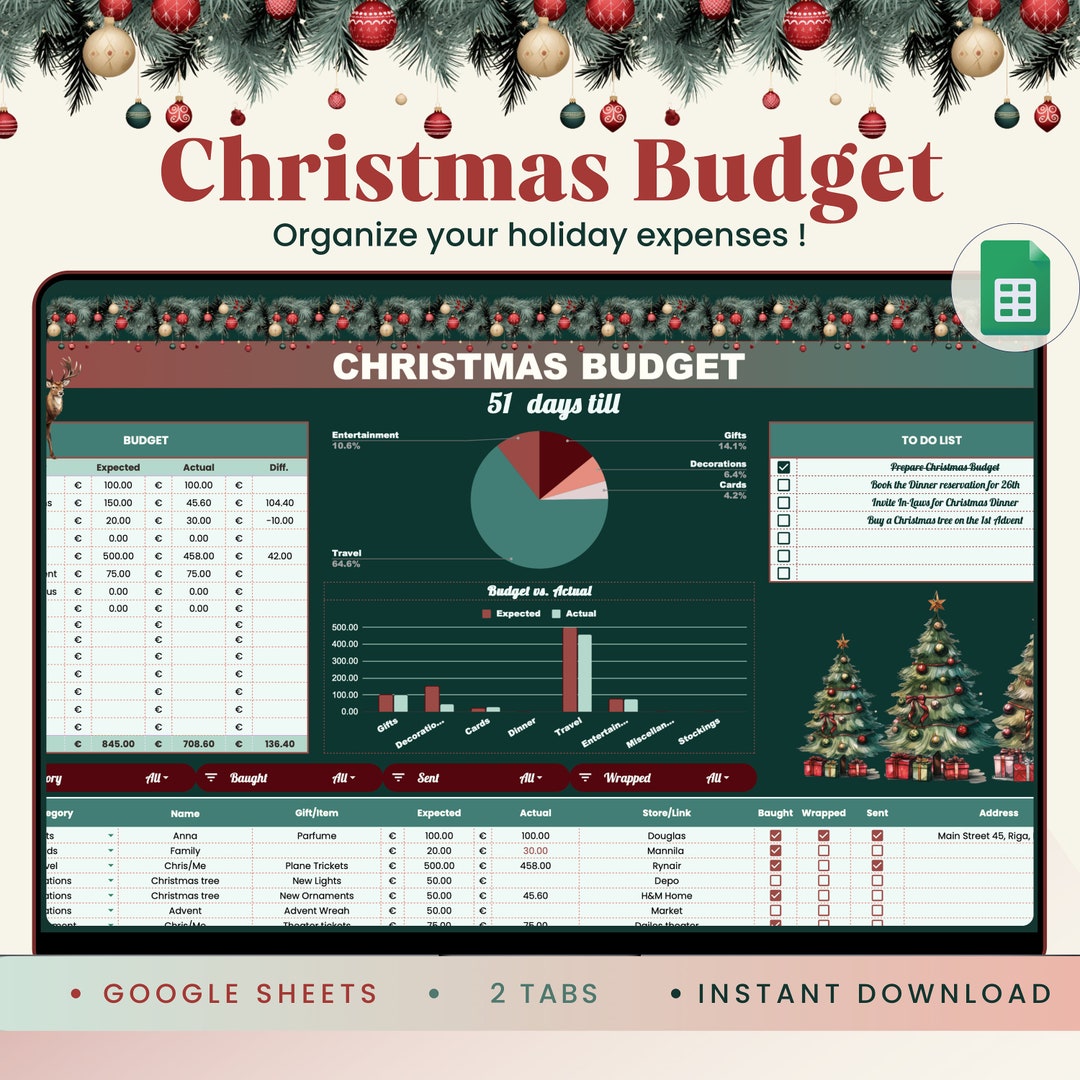 Christmas Budget Planner Spreadsheet, Holiday Budget Tracker Template ...