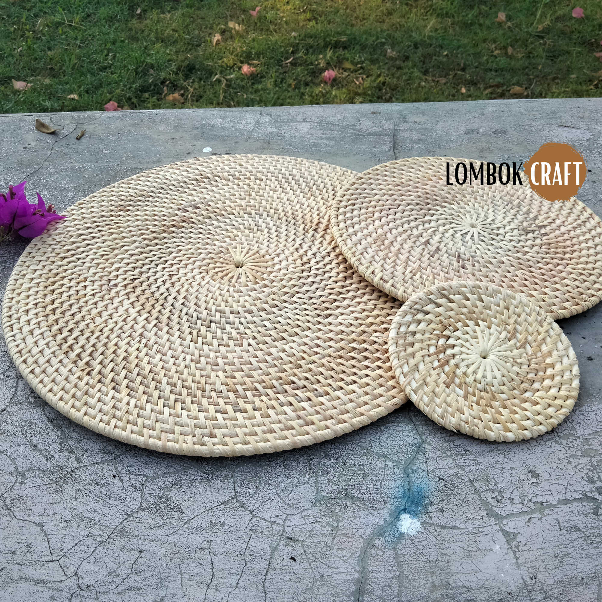 Set of 3 Natural Round Rattan Placemats, Dining Placemats, Lombok ...