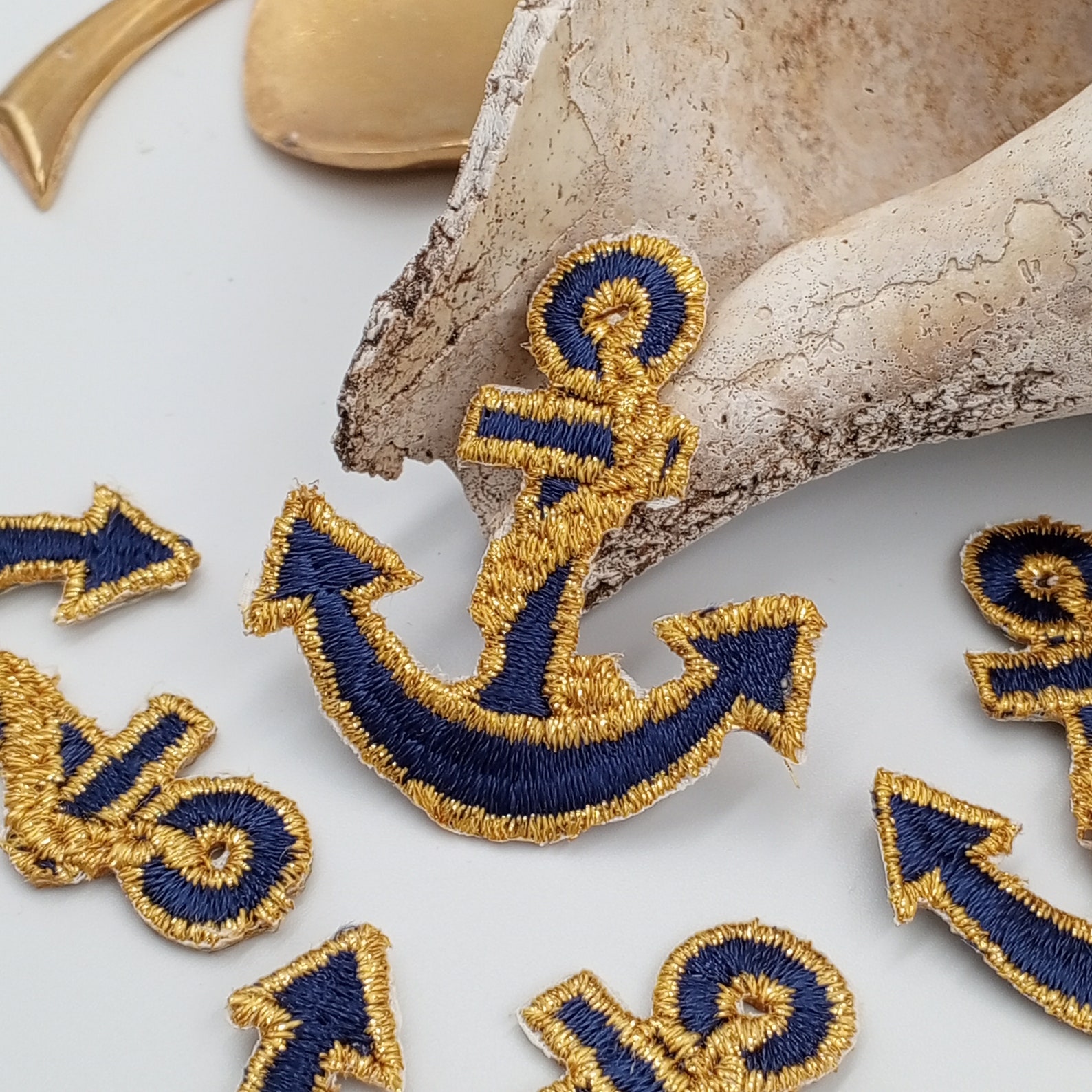 Metallic Gold Navy Iron on Anchor Decorative Patch Nautical Embroidered ...