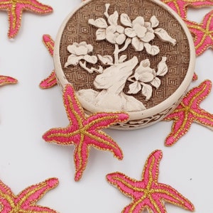 Coral Pink Starfish Patch Metallic Gold Sea Star Applique VINTAGE Seashore Star Iron on Patches ...