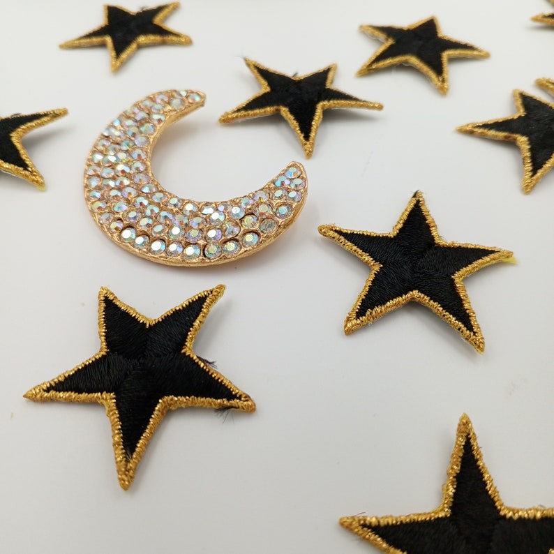 Iron on Metallic Gold Outline Black Stars Patches Embroidered VINTAGE ...