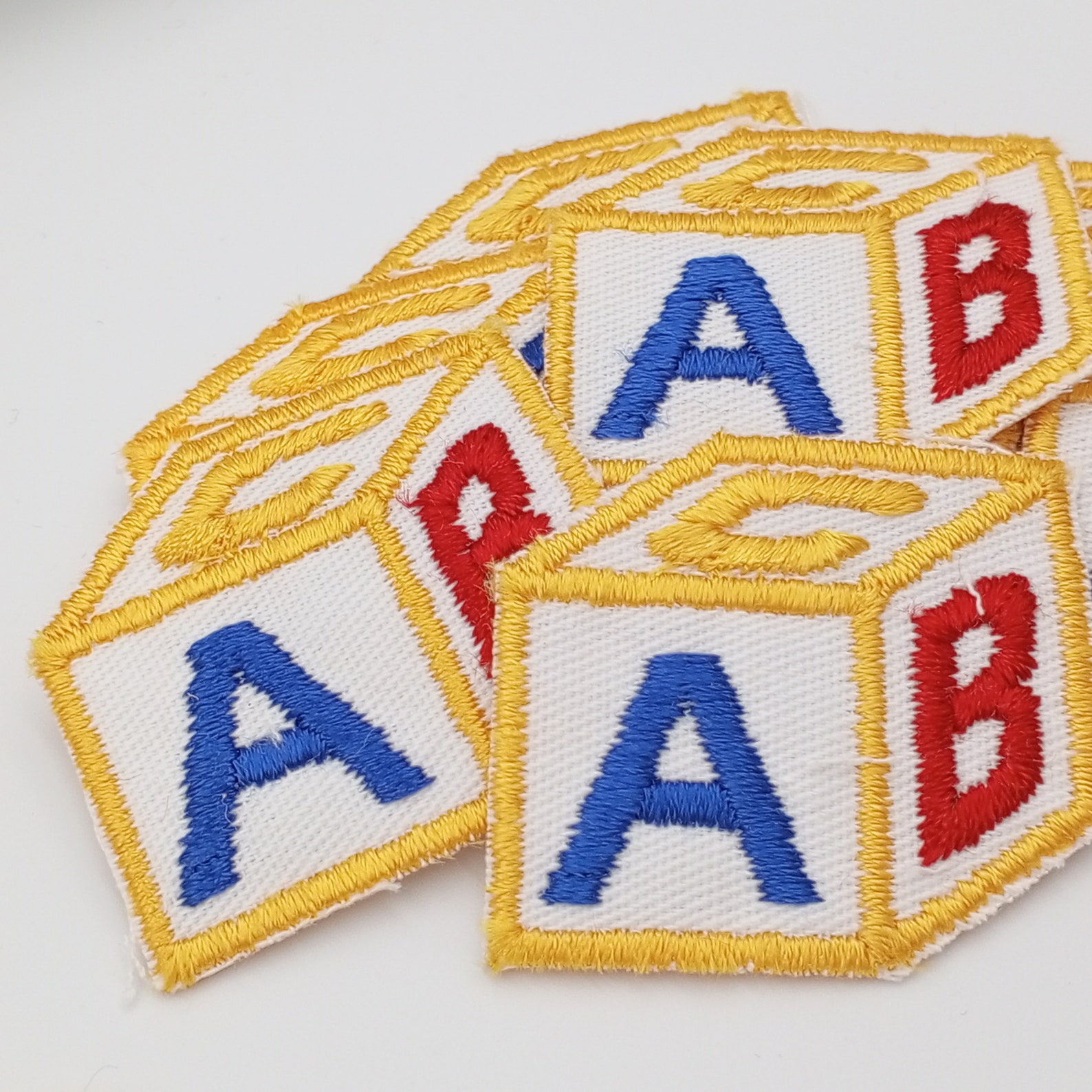 VINTAGE Abc’s Cube Block Patches Navy Blue Yellow Red White Embroidered ...