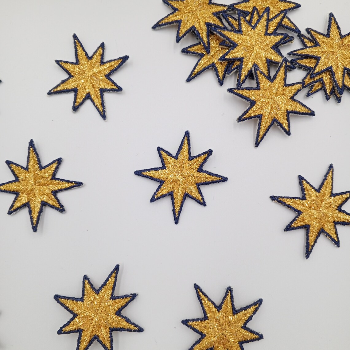 METALLIC Gold Stars Patches Iron on Star Navy Blue Outlined Emblem Star ...