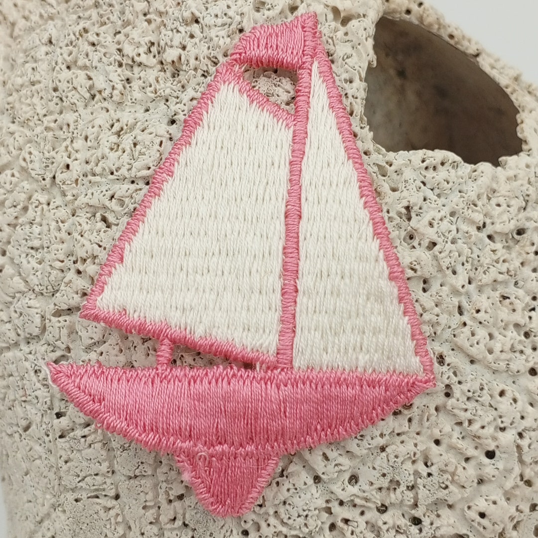 VINTAGE RETRO Sailboat Embroidery Patch Nautical Pink Ivory Marine ...