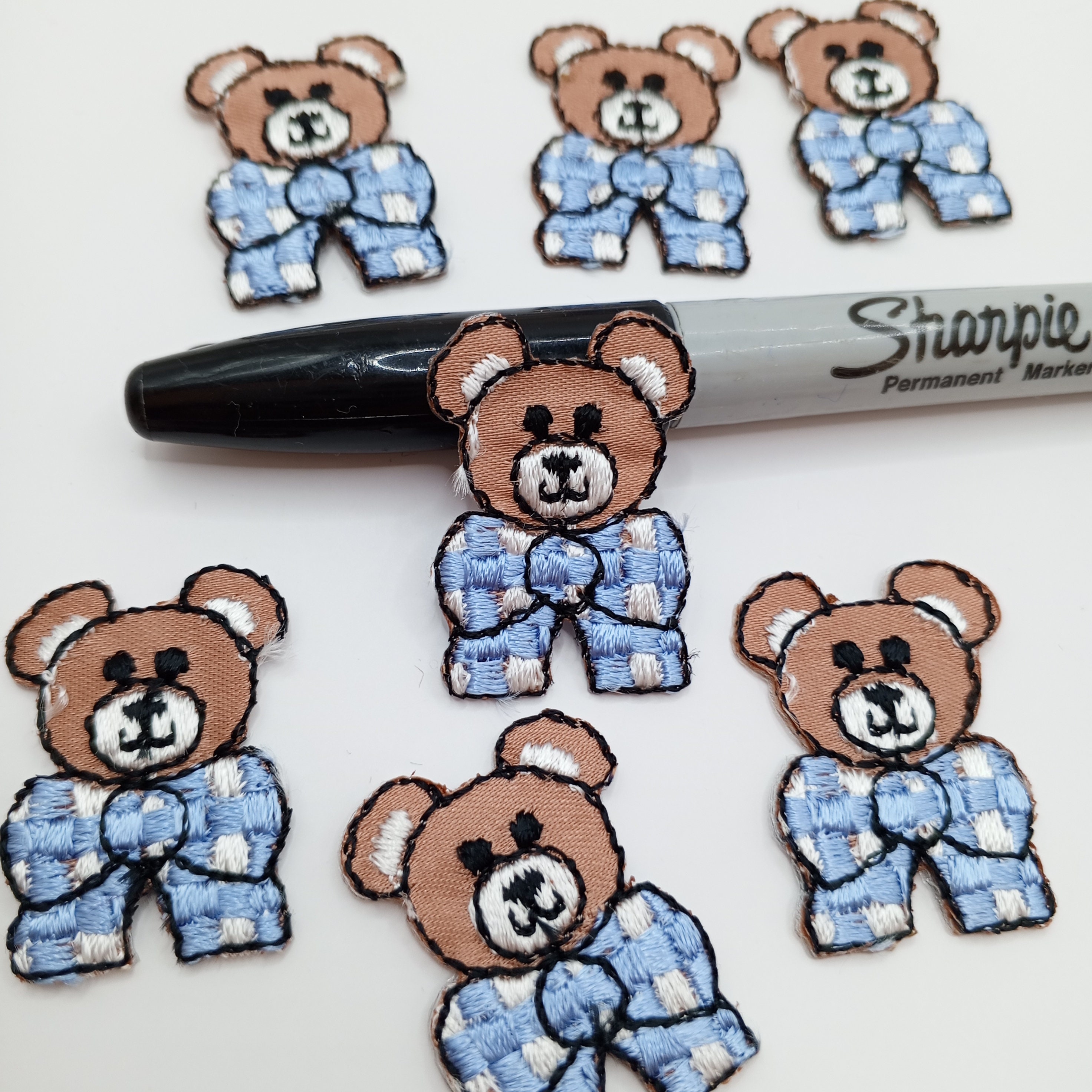 White Blue Ribbon Brown Teddy Bear Patches Iron on Sewing Appliqué #471 ...