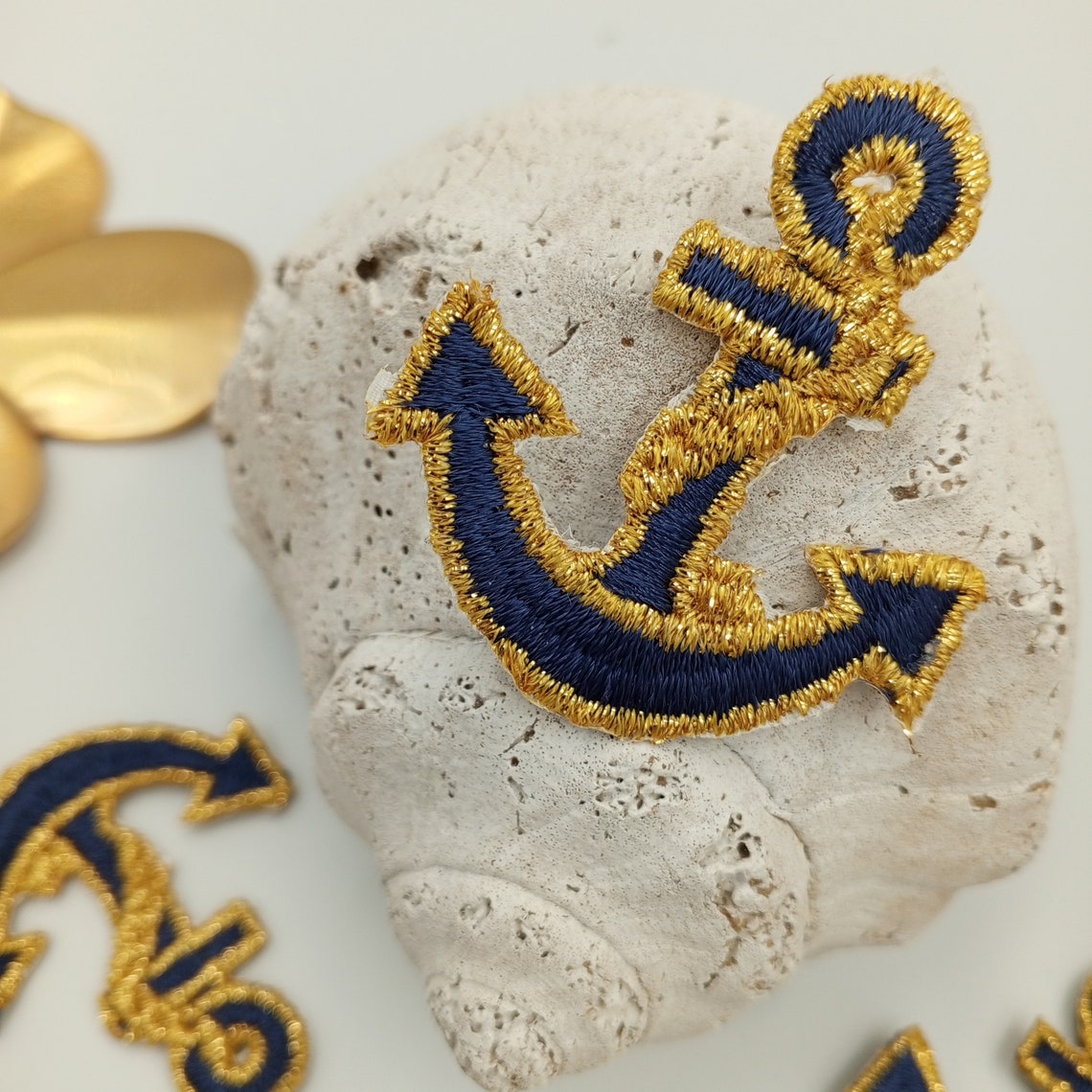Metallic Gold Navy Iron on Anchor Decorative Patch Nautical Embroidered ...