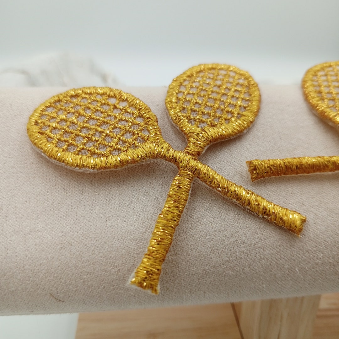 Gold Metallic VINTAGE Tennis Rackets Iron-on Patch Embroidery Double ...