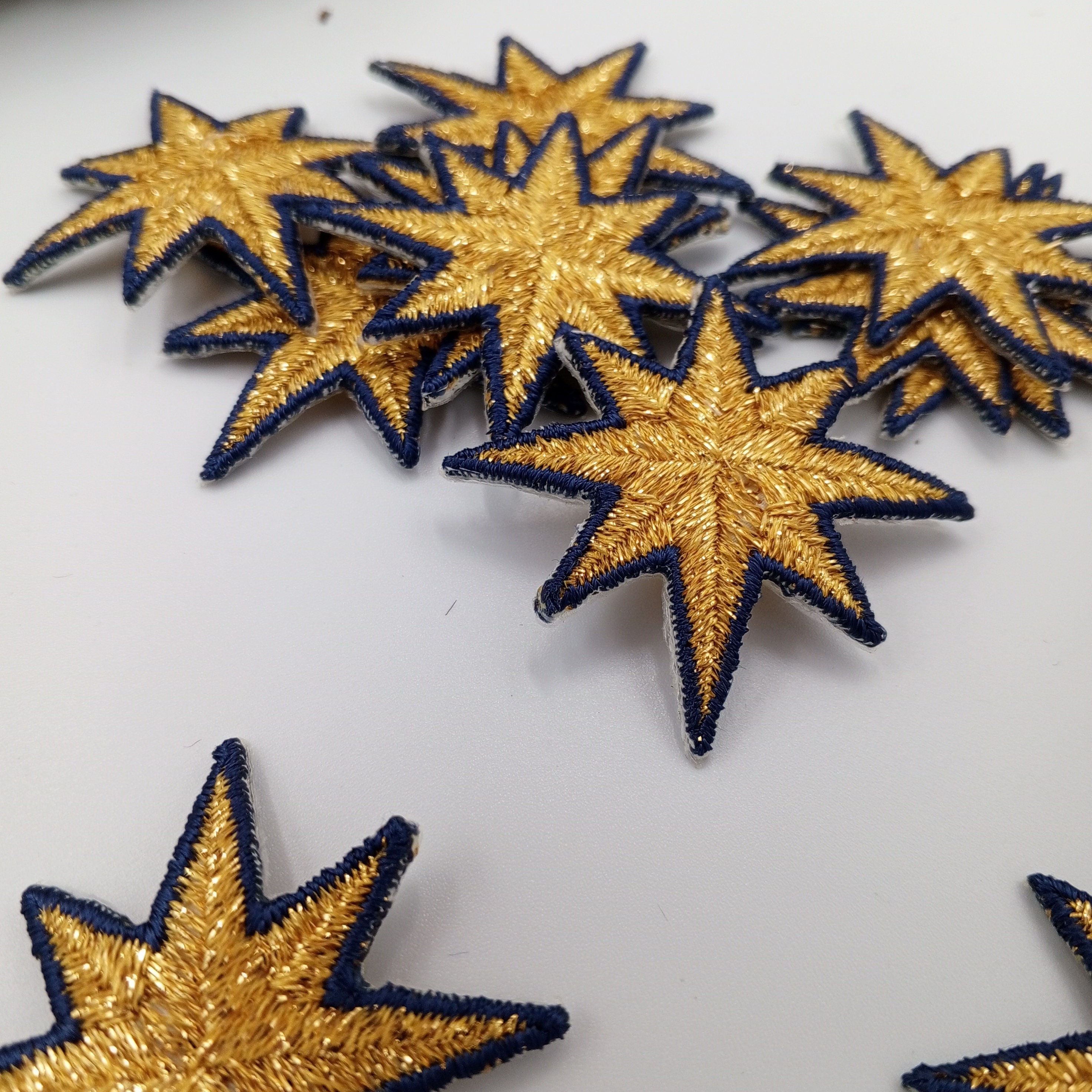 METALLIC Gold Stars Patches Iron on Star Navy Blue Outlined Emblem Star ...
