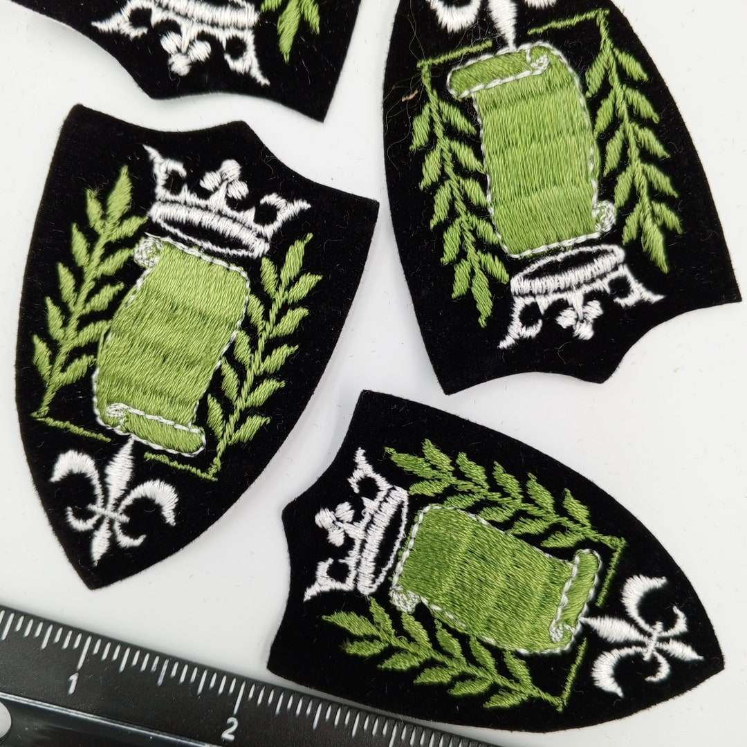 VINTAGE Badge Patches Black, White Crown Olive Green Embroidered Scroll ...