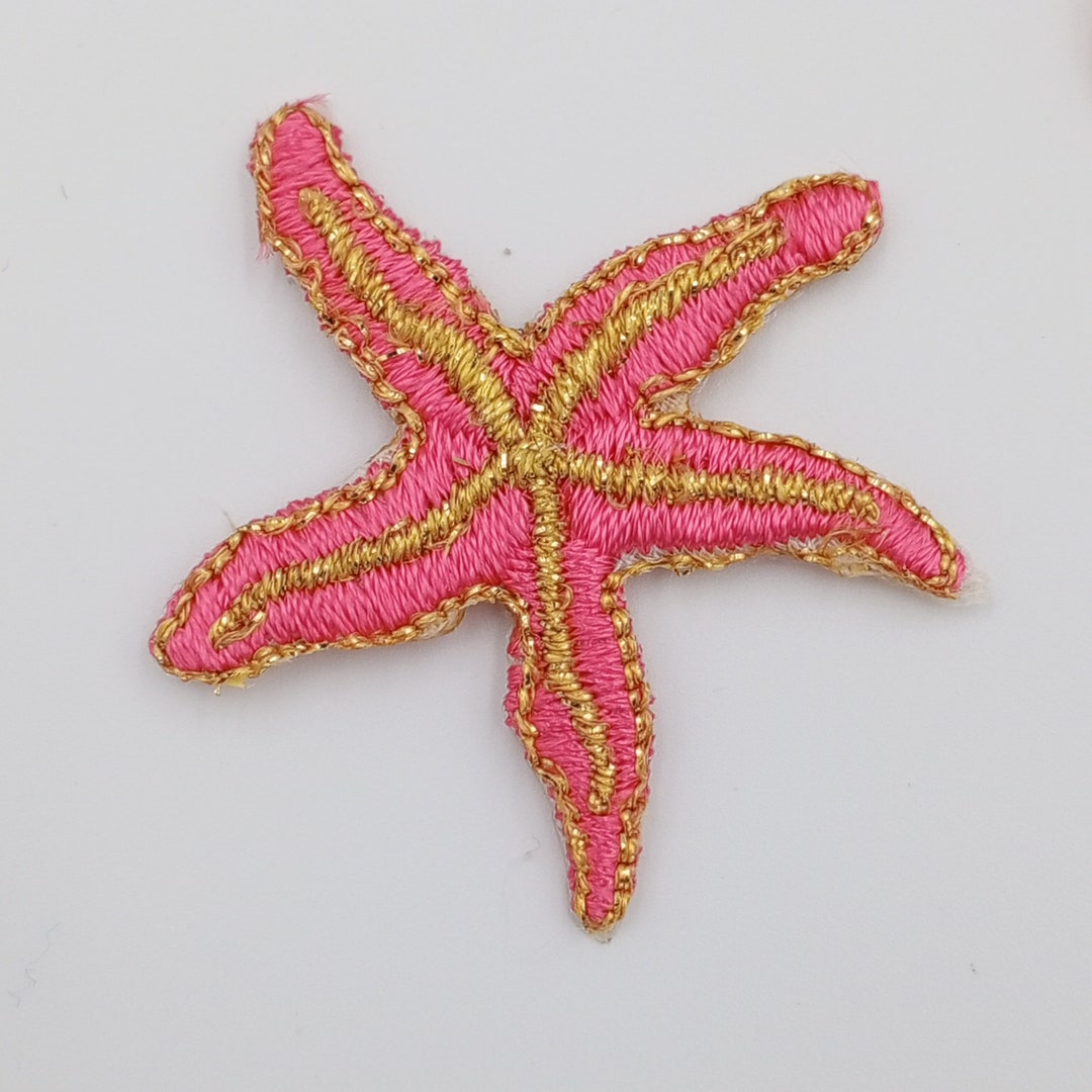 Coral Pink Starfish Patch Metallic Gold Sea Star Applique VINTAGE Seashore Star Iron on Patches ...