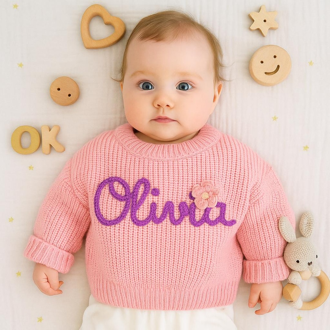 Personalized Knit Baby Sweater | Custom Embroidered Name, Cotton Yarn ...