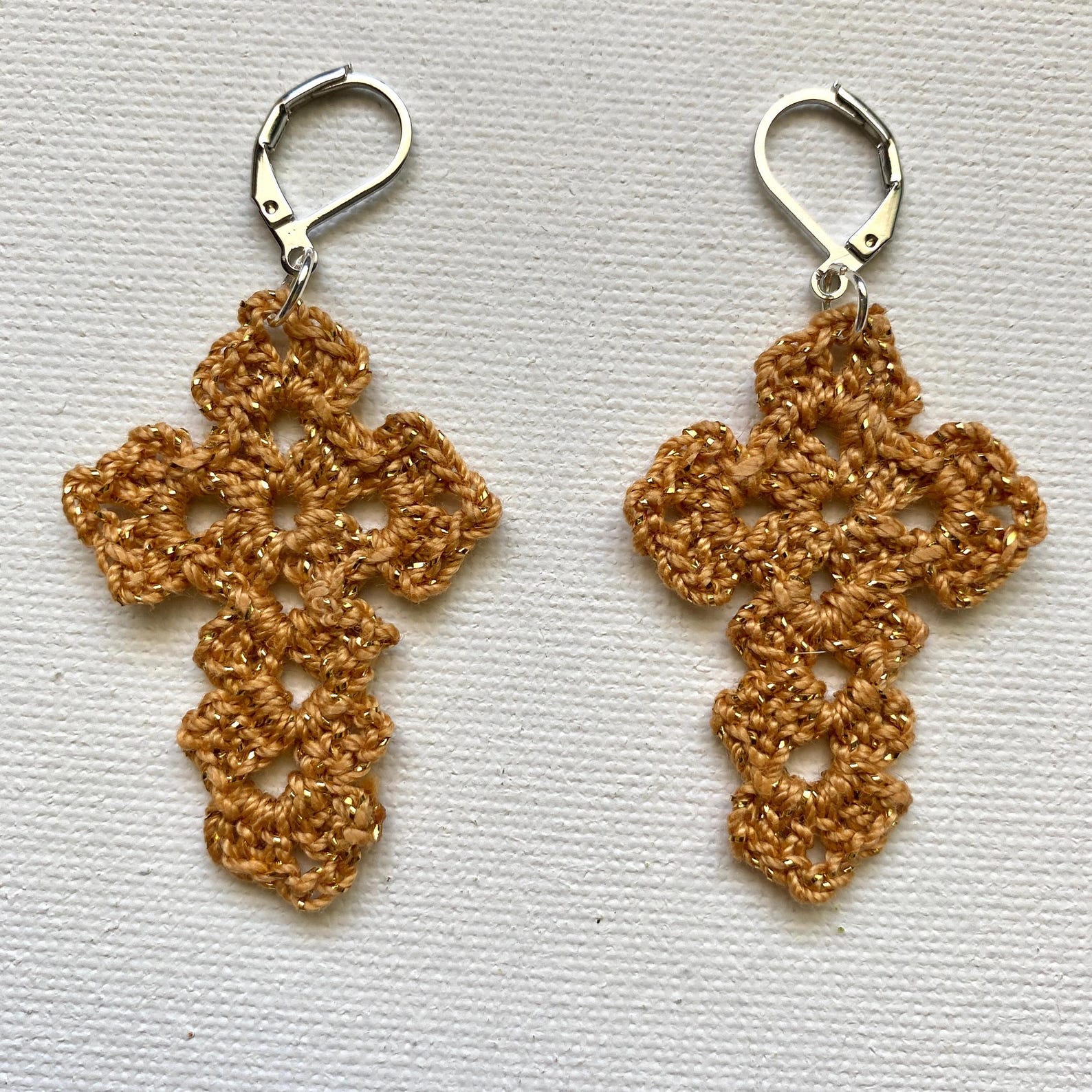 Crochet Cross Earrings, Gold Crochet Earrings, Metallic Crochet ...