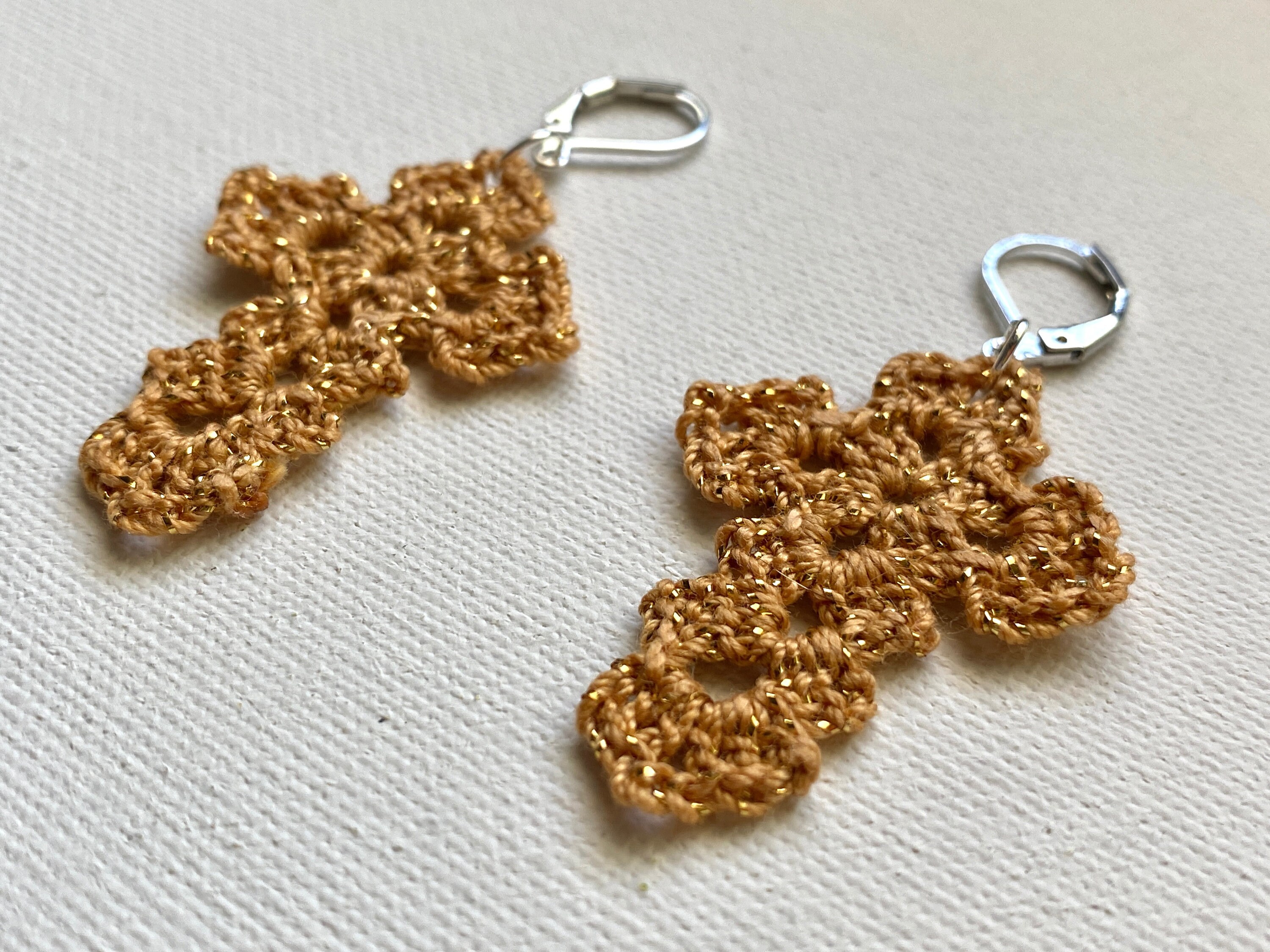 Crochet Cross Earrings, Gold Crochet Earrings, Metallic Crochet ...