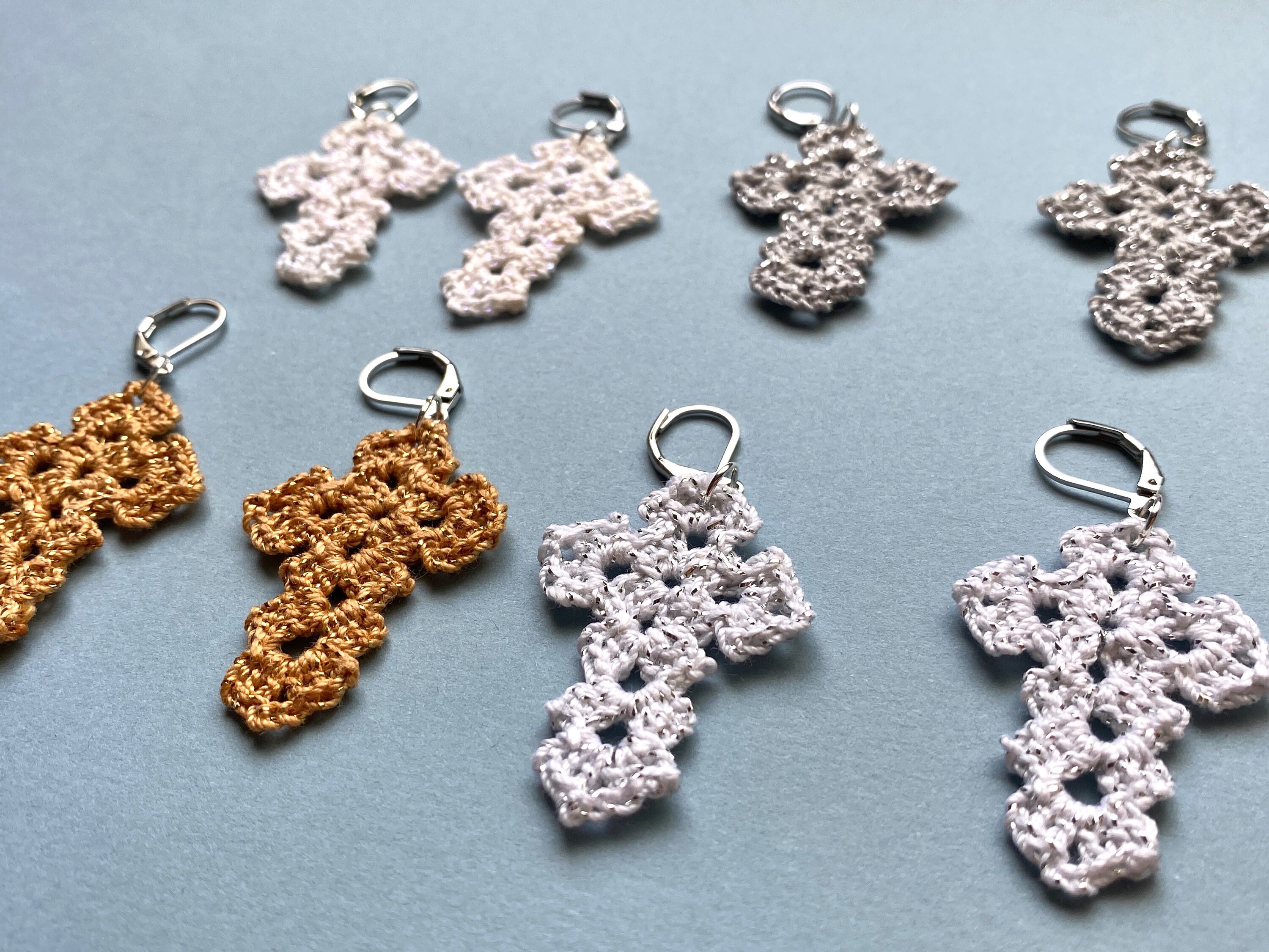 Crochet Cross Earrings, Gold Crochet Earrings, Metallic Crochet ...