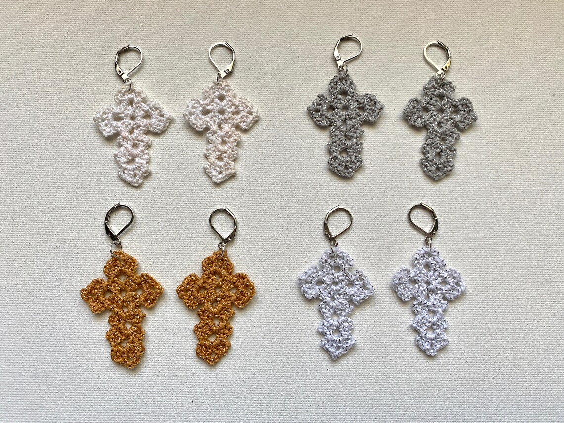Crochet Cross Earrings, Gold Crochet Earrings, Metallic Crochet ...