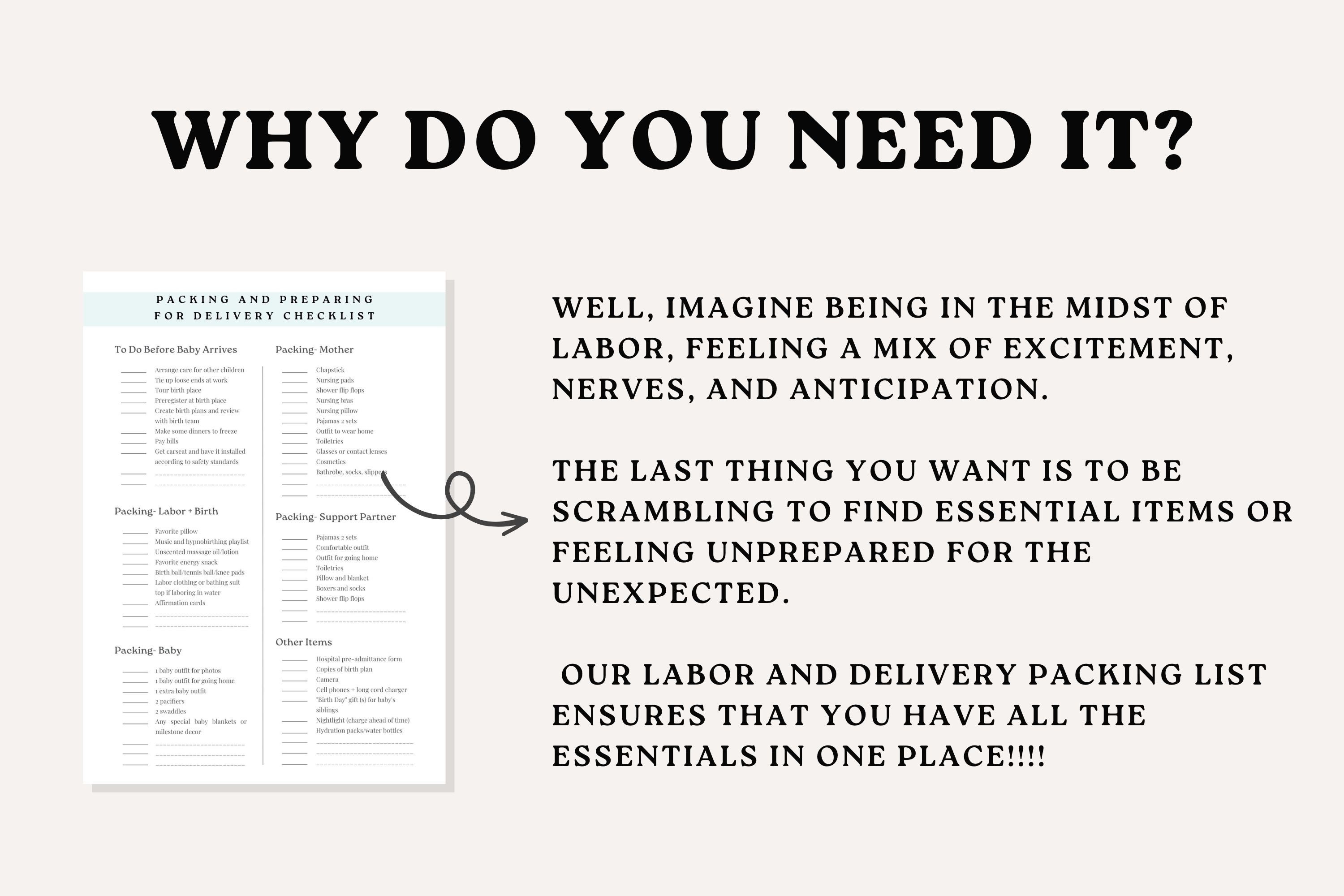 Labor and Delivery Checklist, Hospital Bag Essentials for Mom, Birth ...