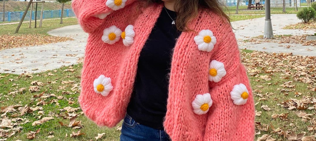 Daisy Dream Oversized Pink Cardiga ,pinky Daisy Floral Knit Cardigan ...