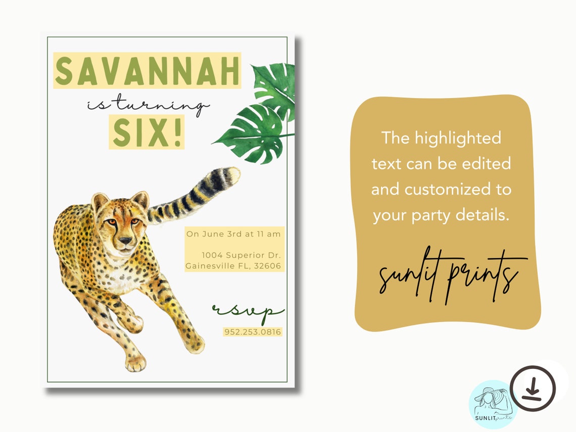 Cheetah Birthday Party Invitation, African Savannah Birthday Party ...