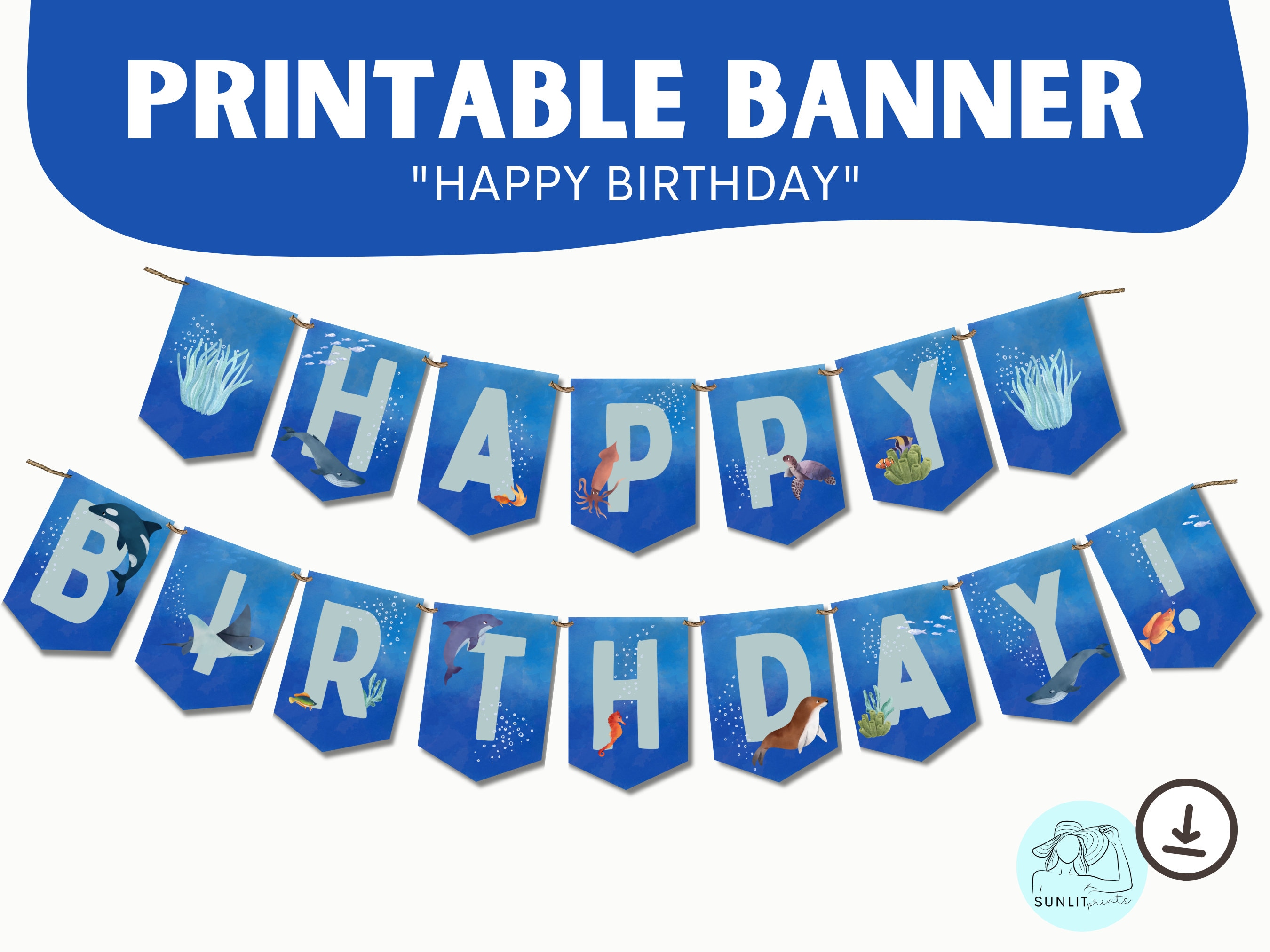 Oneder the Sea Birthday Banner, Ocean Animals Printable Banner, Happy ...