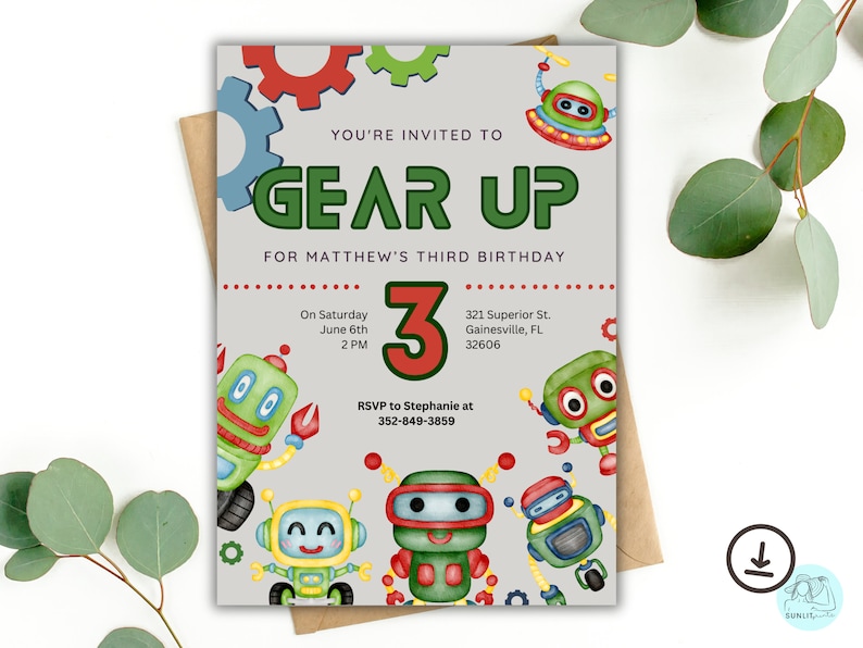 Robot Birthday Party Invitation, Robot Gears Birthday Party Invitation ...