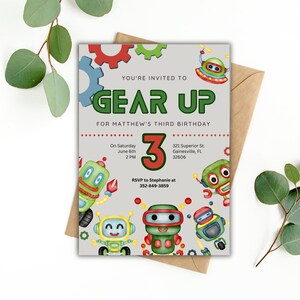 Robot Birthday Party Invitation, Robot Gears Birthday Party Invitation ...