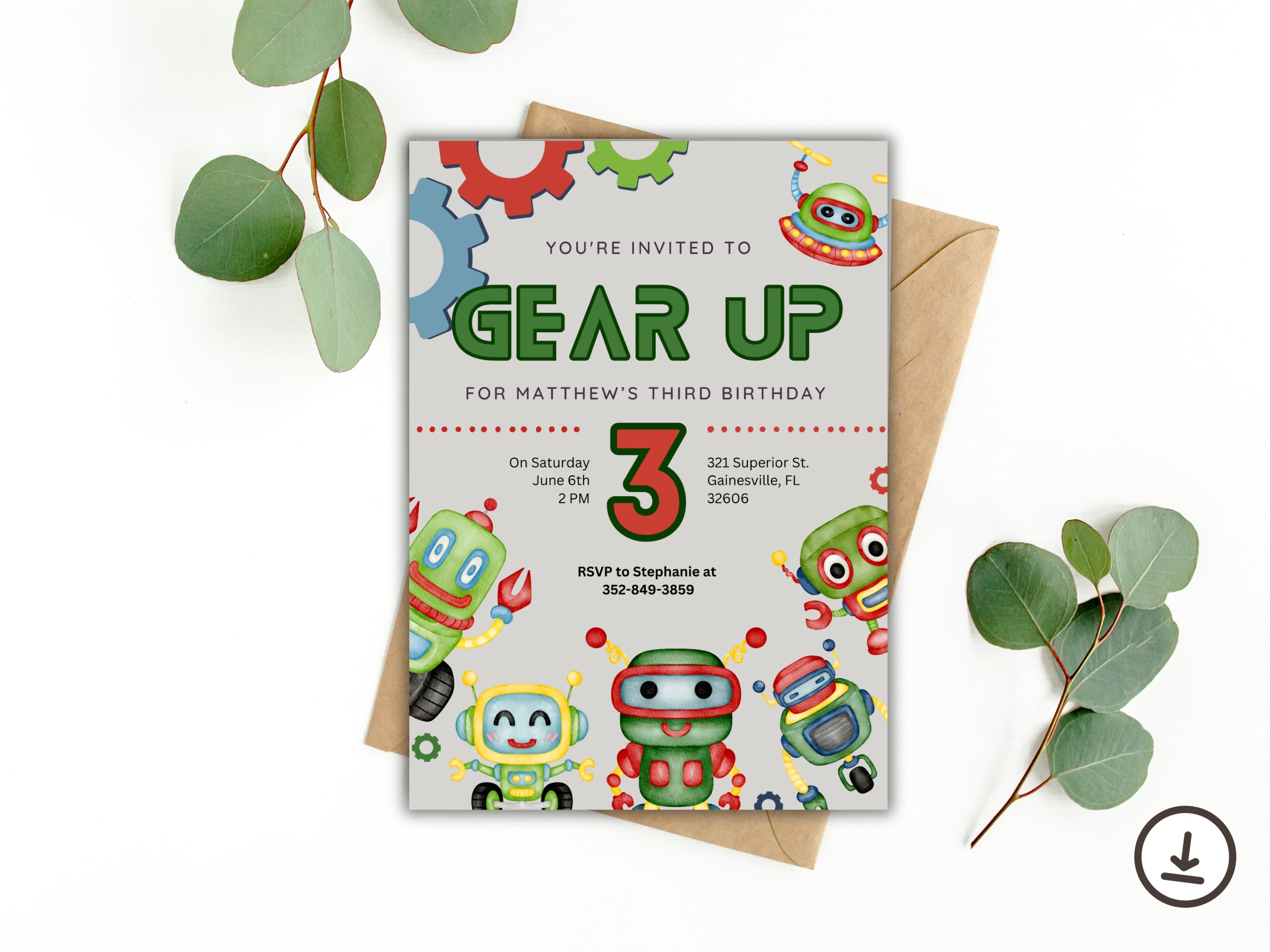 Robot Birthday Party Invitation, Robot Gears Birthday Party Invitation ...