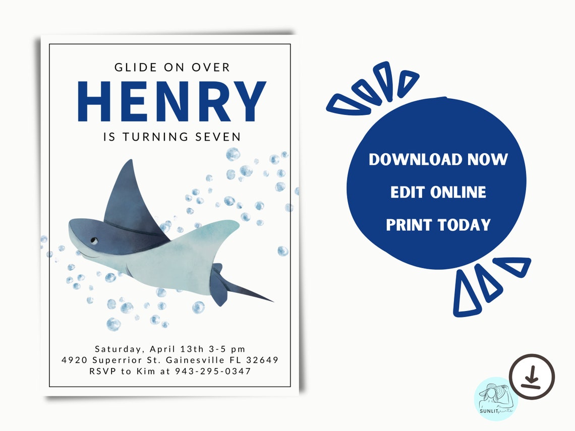 Sting Ray Birthday Party Invitation, Under the Sea Birthday Party ...