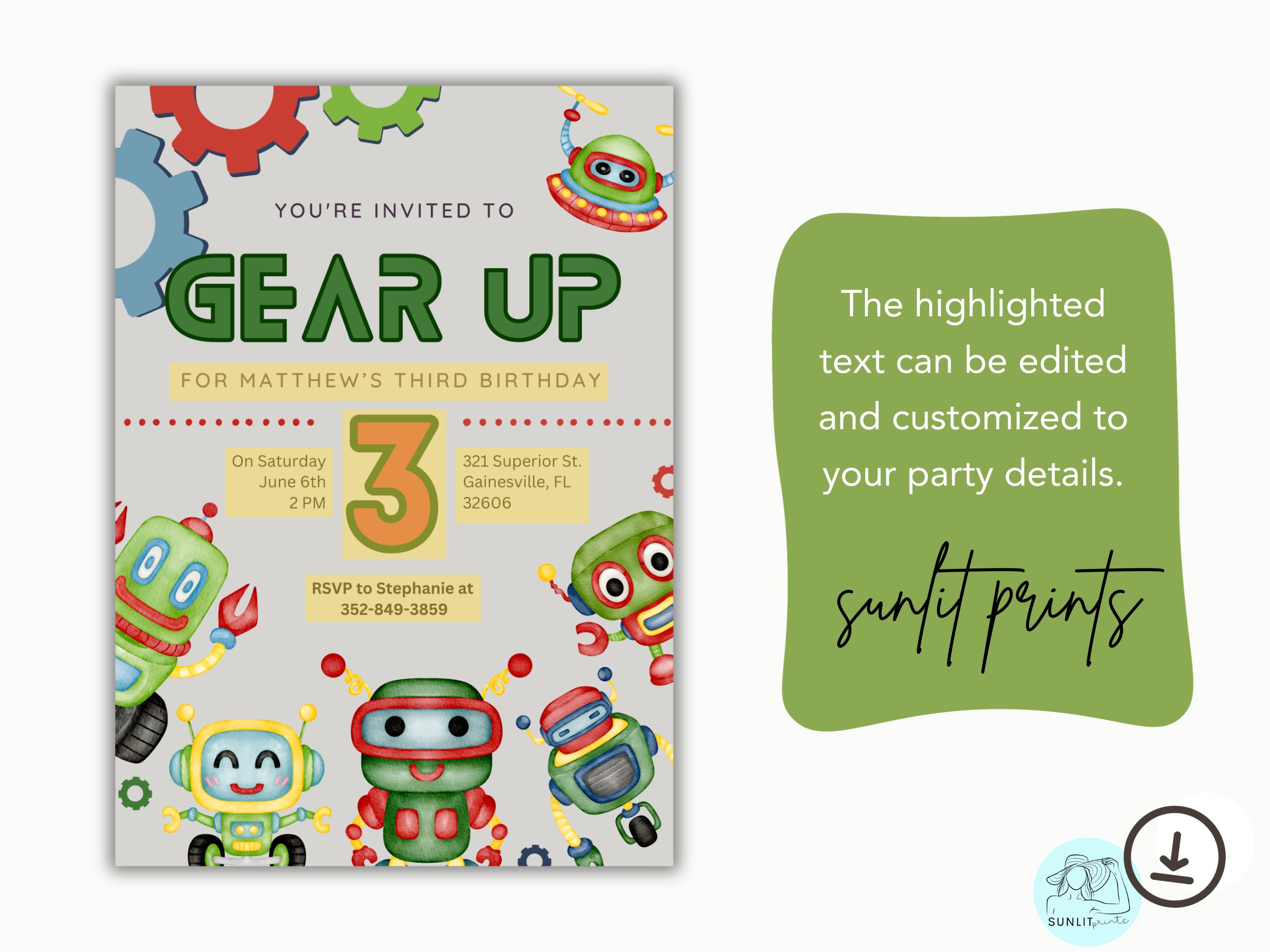 Robot Birthday Party Invitation, Robot Gears Birthday Party Invitation ...