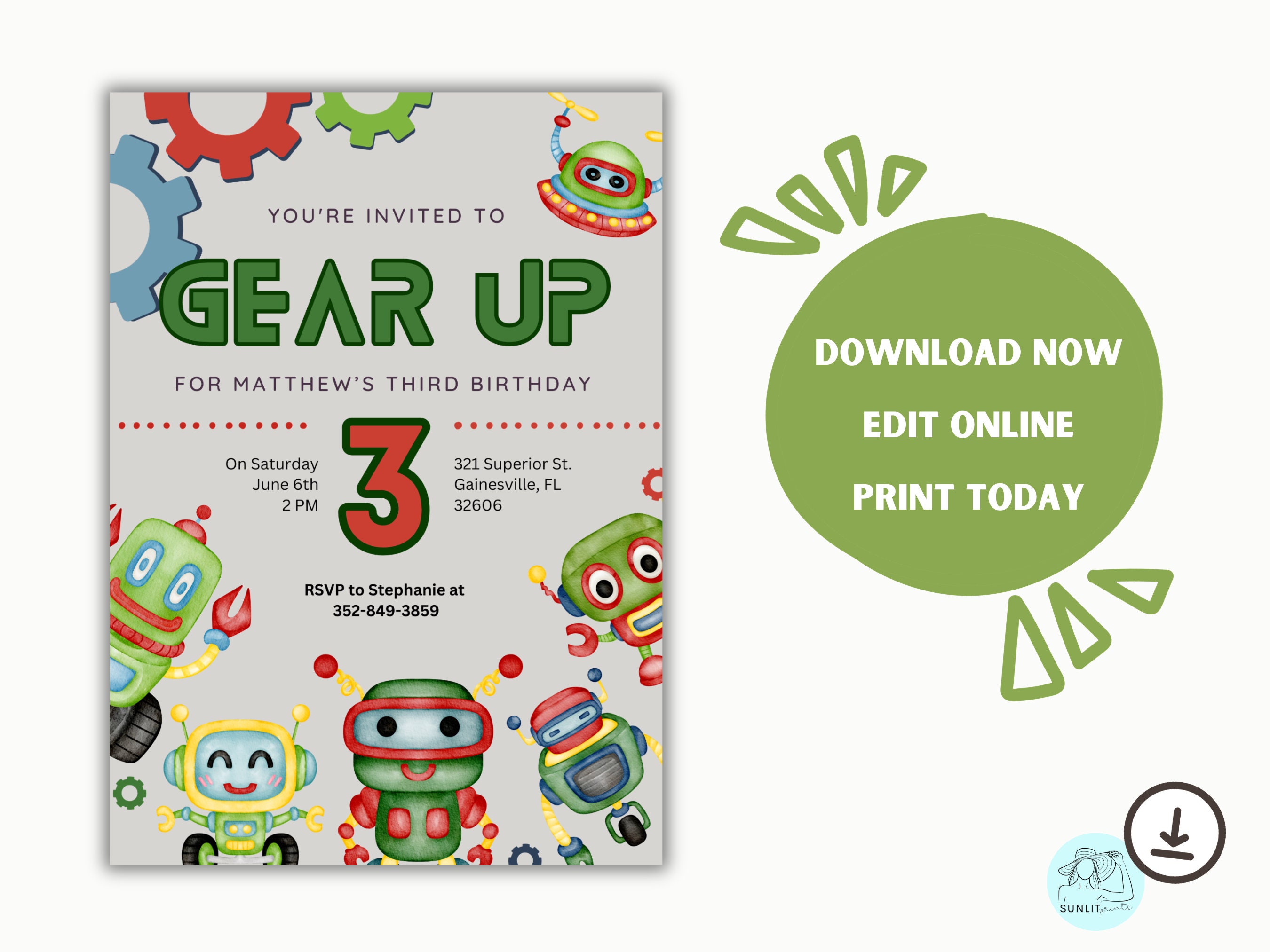 Robot Birthday Party Invitation, Robot Gears Birthday Party Invitation ...