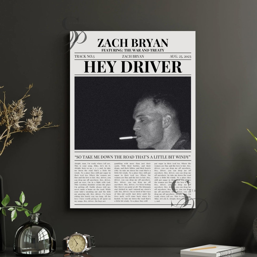 Zach Bryan & the War and Treaty Retro Newspaper Print, Hey Driver Lyrics Poster, Zach Bryan ...