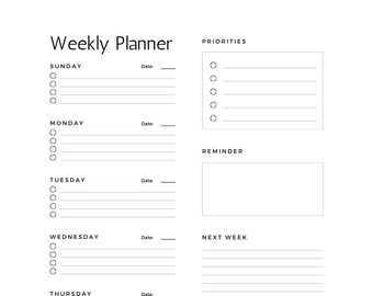 Weekly Planner Minimalist, Digital Download Planner, Notes, Printable ...