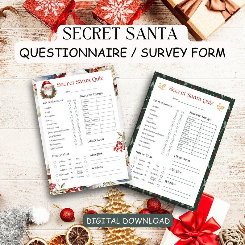 Secret Santa Questionnaire Printable, Secret Santa Gift for Co-worker ...