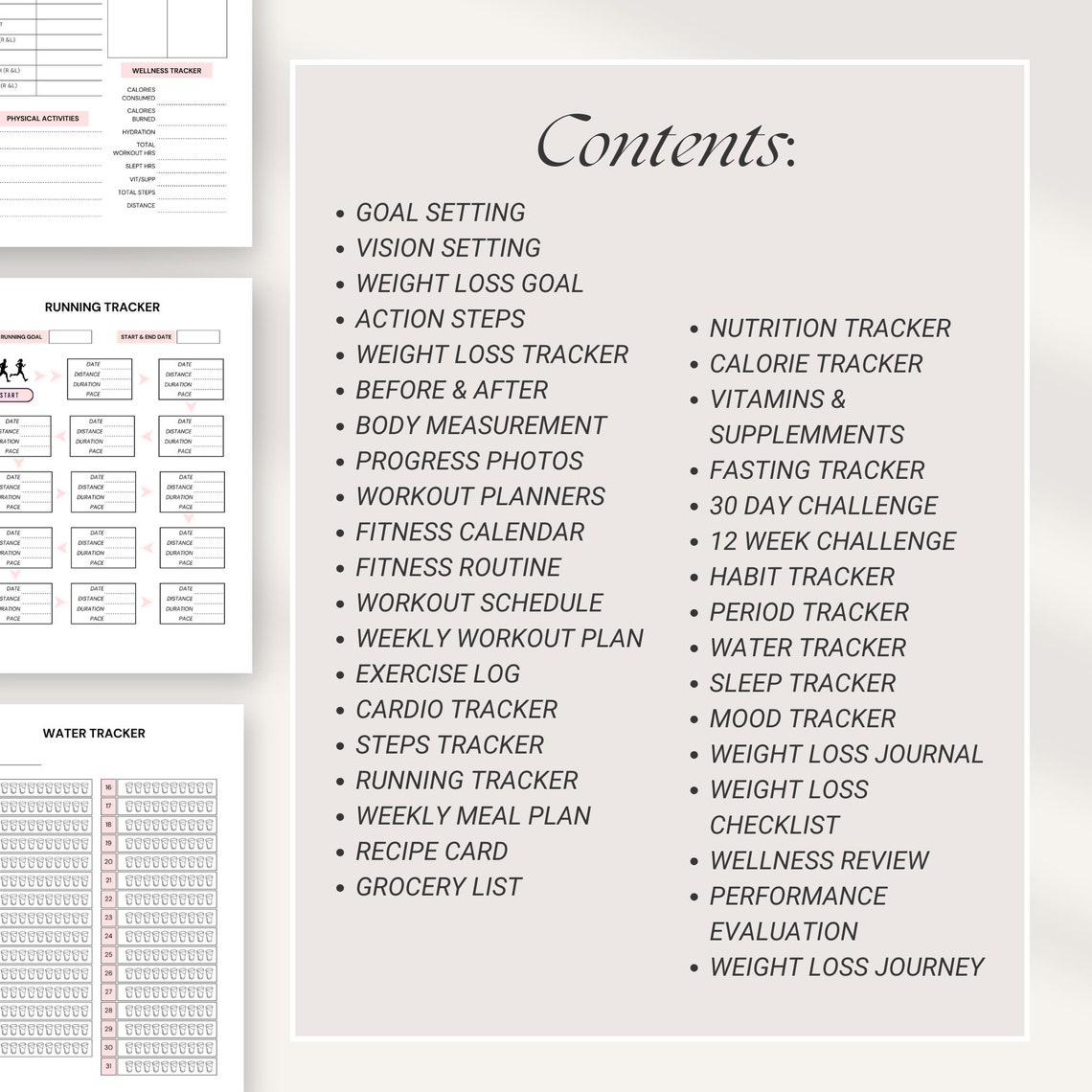 Weight Loss Planner Printable Fitness Workout Planner Body Measurement ...