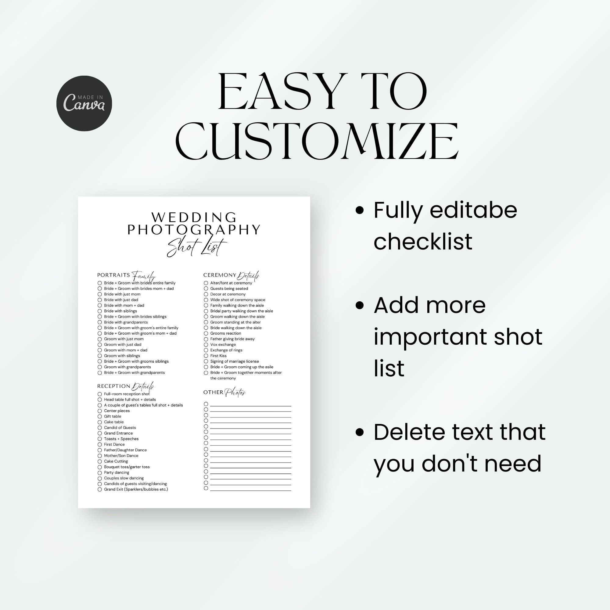 Wedding Photo Checklist, Photographer Shot List Wedding Photography ...