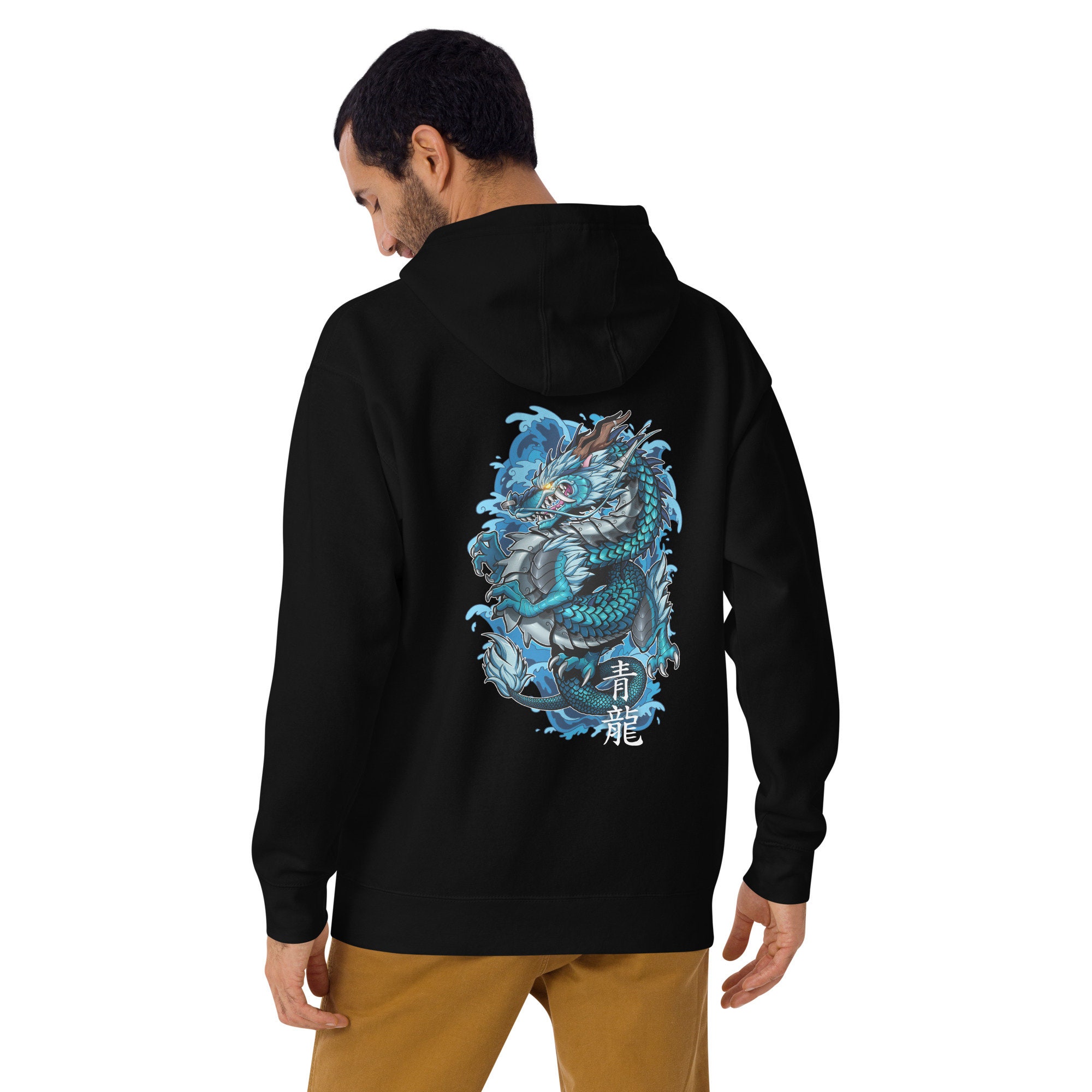 Blue Azure Dragon Seiryu Black Hoodie Japan Yokai Serpent Spirit Legend ...