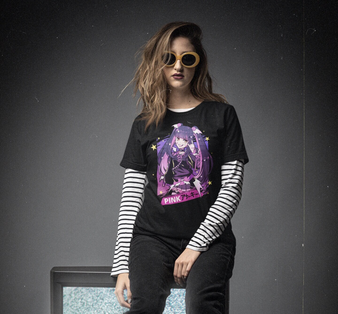 Pink Anarchy Goth Anime Girl Black Unisex Tshirt Japan Harajuku