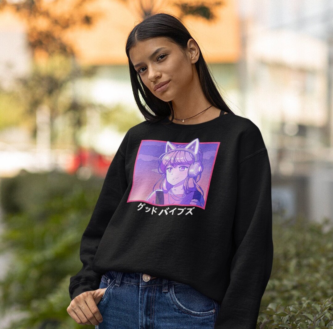 Good Vibes Pastel Anime Girl Dark Sweatshirt Japan Colorful Calm Lofi ...