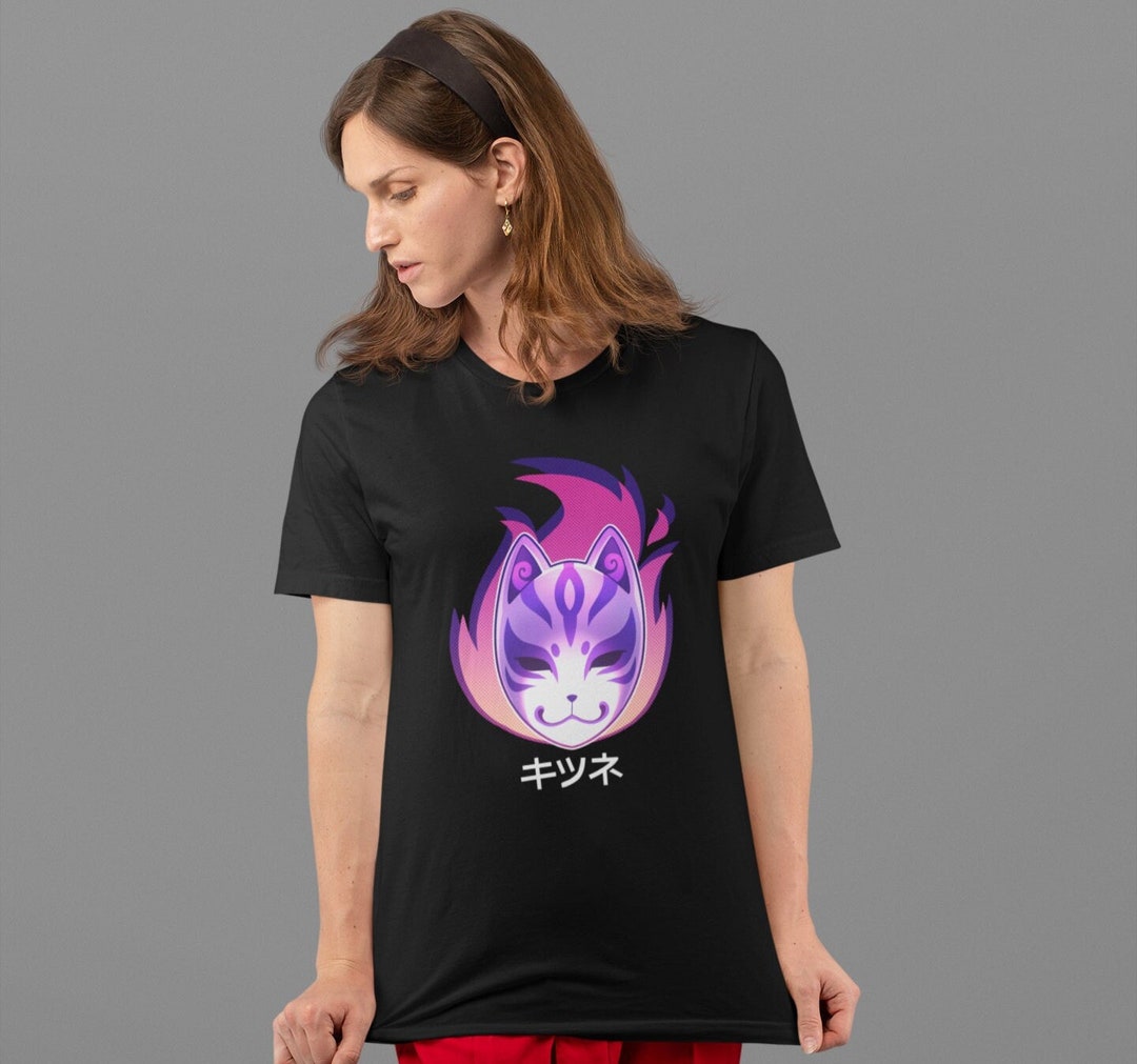 Colorful Kawaii Kitsune Fox Mask Japan Kanji Flames Cool Katakana ...