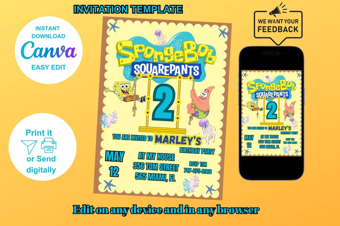 Editable Sponge Bob Birthday Invitation Sponge Bob Invite Template ...