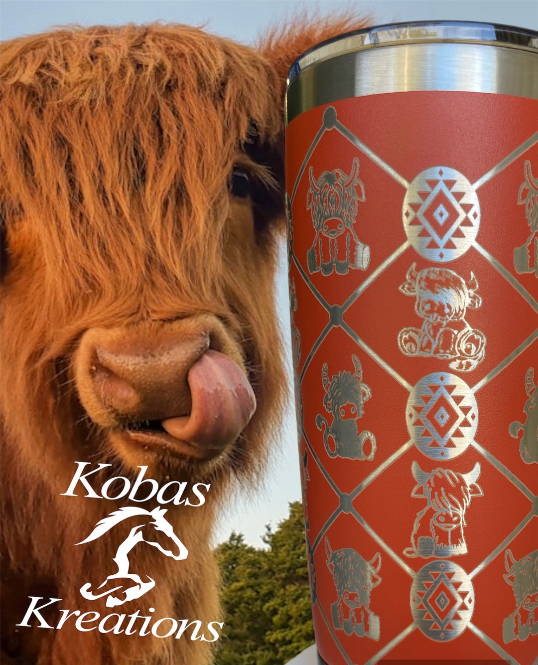 Highland Cow and Aztec Pattern in Diamond Design 20oz Laser Engraved ...