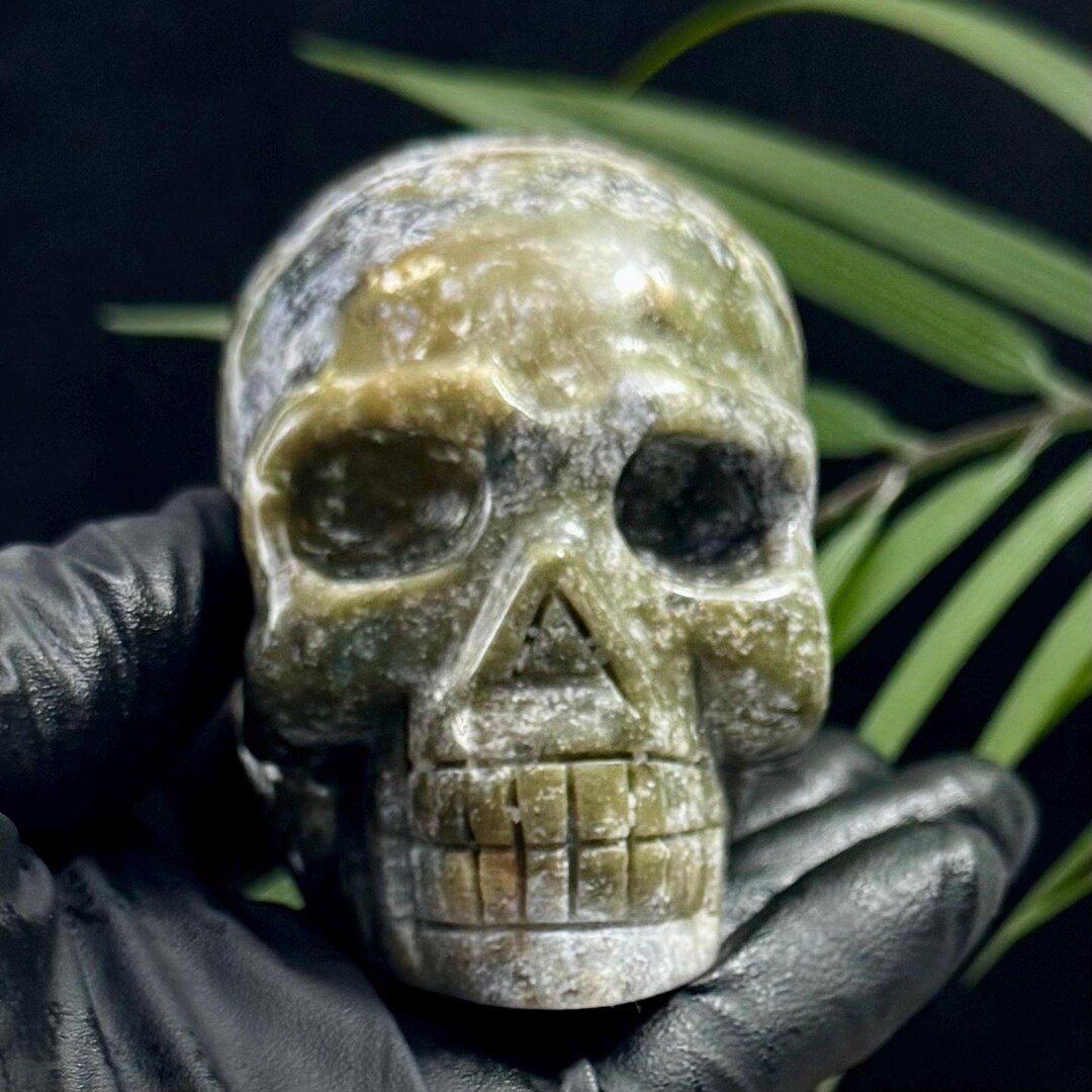 SKULL, Moss Agate, Human Skull Figurine, Crystal Carving, With Druzy ...